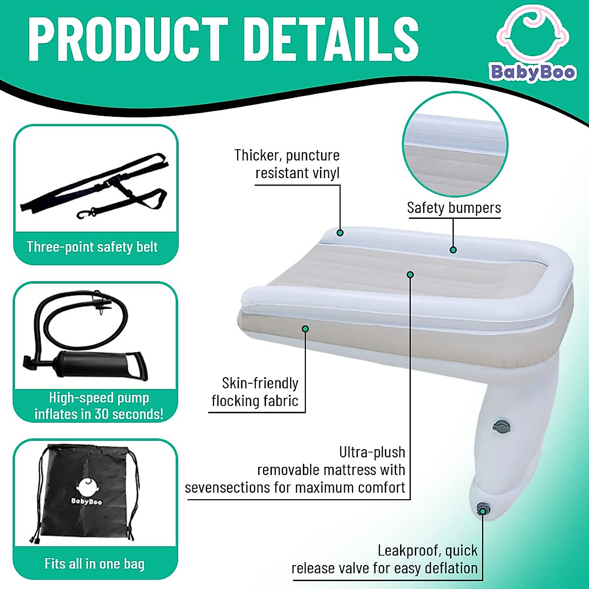 BABYBOO Convenient Inflatable Travel Bed for Toddlers | Fly Travel Kids Bed Fits Most Airplane Seats | Portable Airplane Car Bed for Toddler | Car Seat Toddler Travel