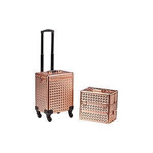 Rolling Train Case 4-in1 with extra lid Portable Makeup Train Case Professional Cosmetic Organizer Makeup Traveling case Trolley Cart Trunk (Rose Gold)