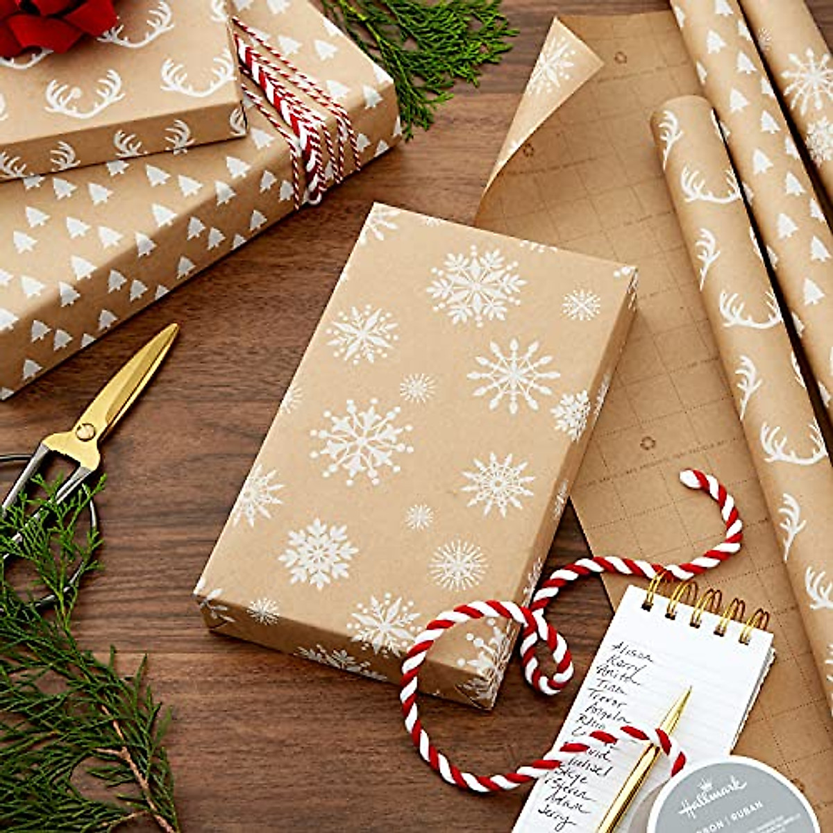 Hallmark Recyclable Kraft Wrapping Paper with Cut Lines (3 Rolls: 90 Sq. Ft. Ttl.) Minimalist Christmas, White Trees, Deer Antlers, Snowflakes on Brown Kraft for Holidays, Weddings, Winter Solstice