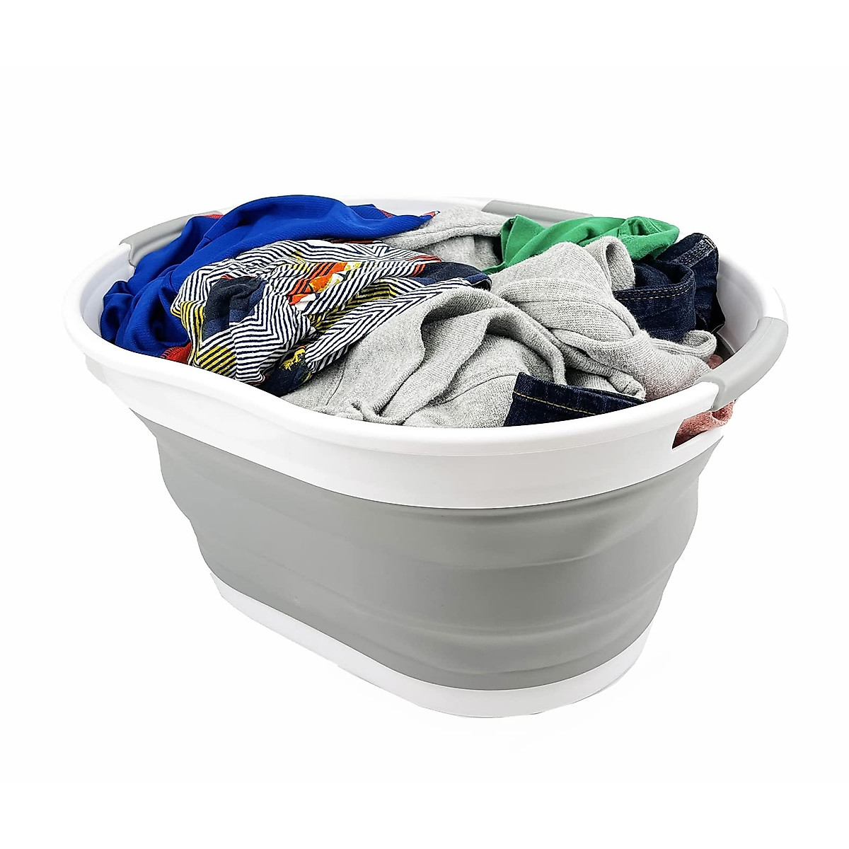 SAMMART 25L (6.6 gallon) Collapsible Plastic Laundry Basket - Foldable Pop Up Storage Container/Organizer - Portable Washing Tub - Space Saving Hamper/Basket (White/Grey)