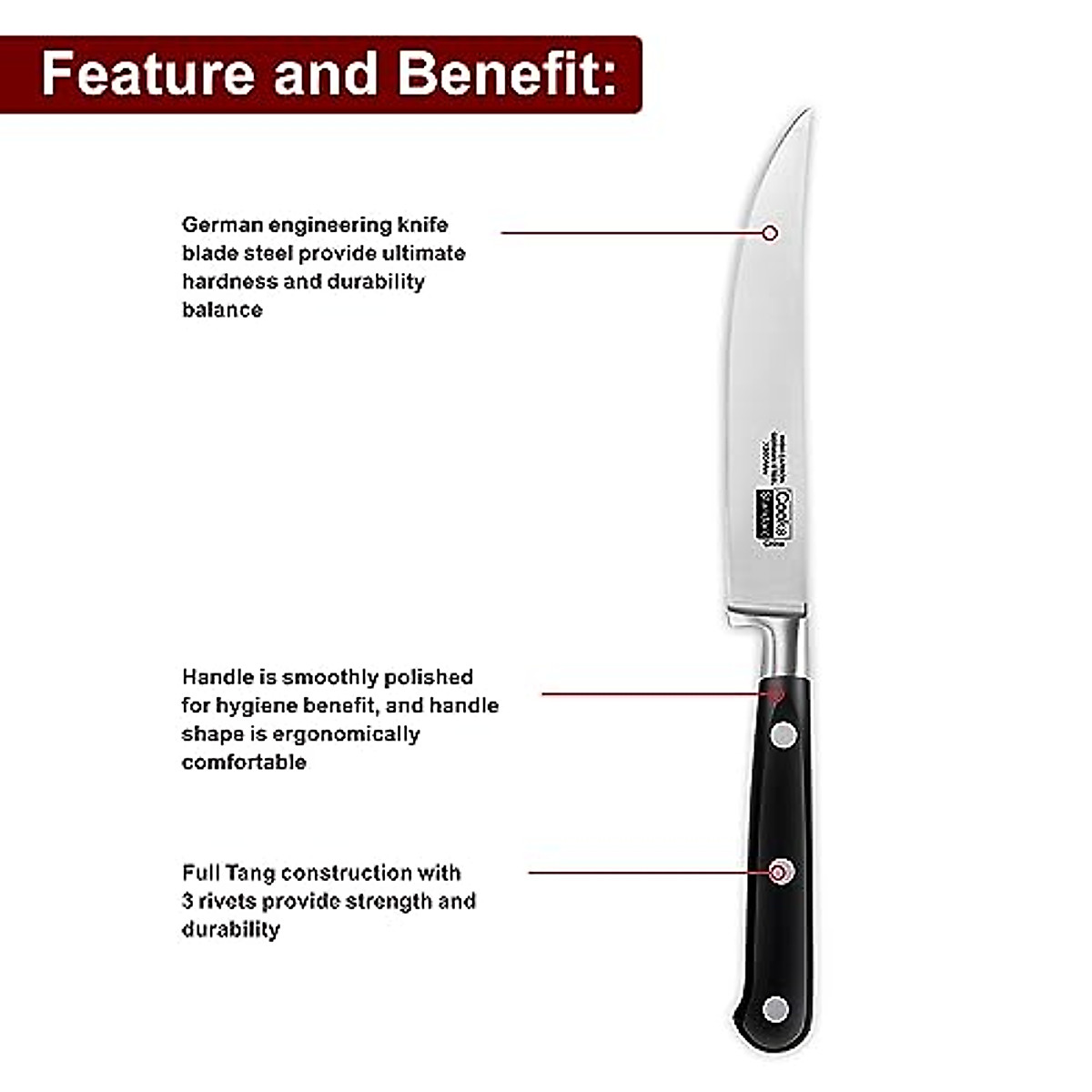 Cooks Standard Steak Knives Set 6-Piece, High Carbon Stainless Steel Classic Sharp Kitchen Steak Knife, Ergonomic Handle,Black