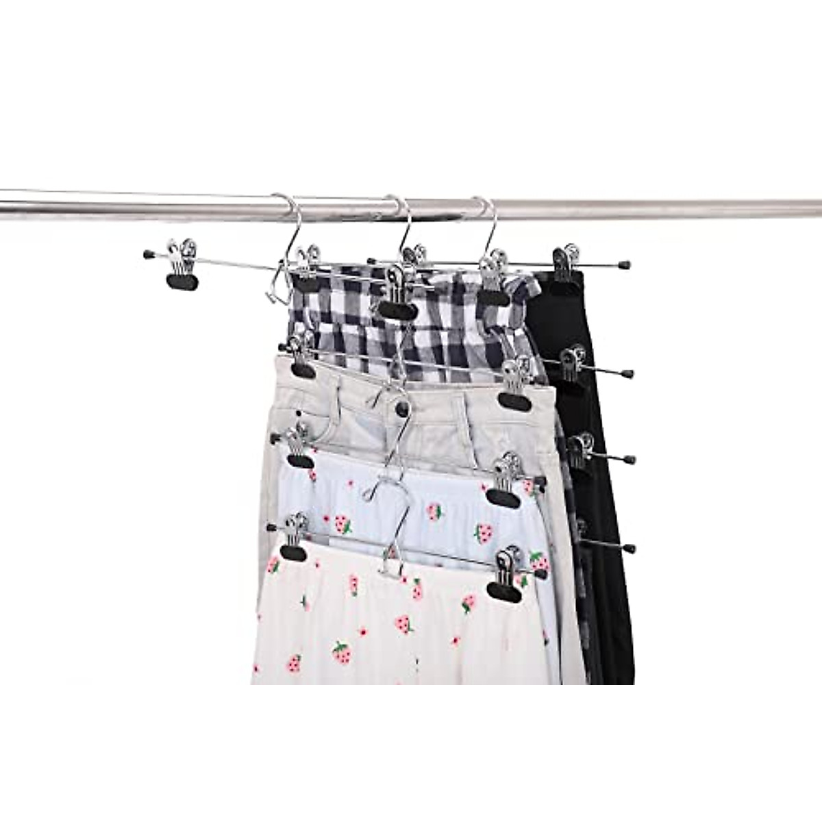 6 Quality Pants Hangers Heavy Duty Add-on Skirt/Slack Metal Hanger, Extra Wide Adjustable Clips, Multi Stackable Add on Hangers, Chrome, Jeans, Bottoms, Set of 6