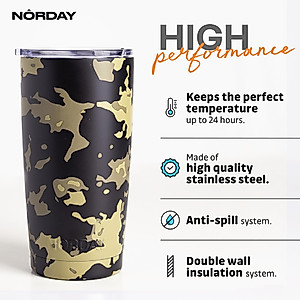 NORDAY | Tumbler Cup with Lid - 20oz - Black Camo | Vacuum Insulated Tumbler - Travel Tumbler - Stainless Steel Tumblers - Double Wall Coffee Tumbler - Keeps Temperature up to 24hr - Anti Spill Lids
