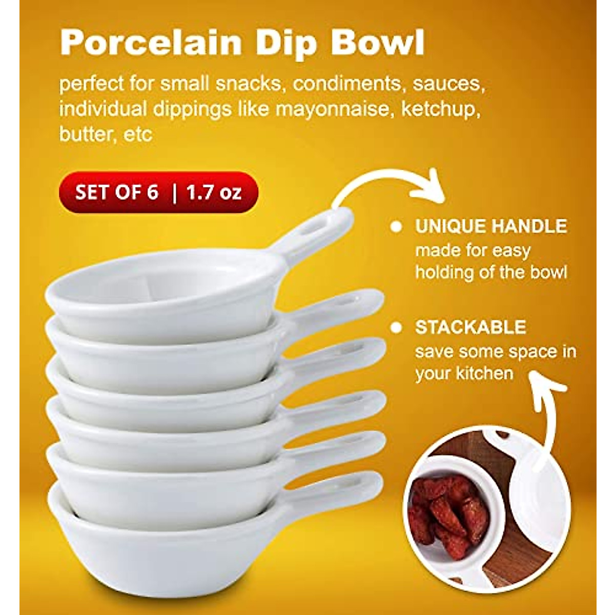 Bruntmor Set Of 6 Side Dish Porcelain Dip Bowl Set with Handle, for Soy Sauce, Ketchup, Appetizer, BBQ and Dinner, 1.7 ounce, White