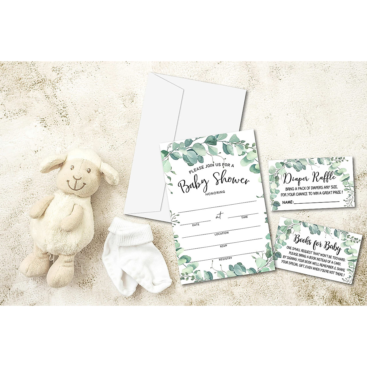 Baby Shower Invitation Kit, Diaper Raffle Games, Books For Baby, Greenery, Eucalyptus Baby Gender Reveal Fill In Invites Cards, Each Design 25 Cards & 25 Envelopes （A Total of 100 set） - BABYSET-007