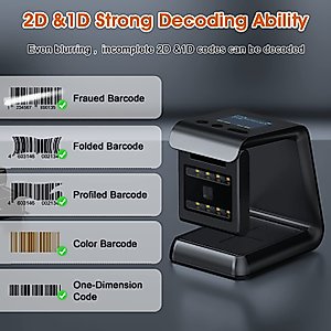Alacrity 2D QR Wireless Hands-Free Omnidirectional Desktop Barcode Scanner, with Screen Display and Large Capacity Batteries, Compatible with Bluetooth & 2.4GHz Wireless, for Airport, Supermarket