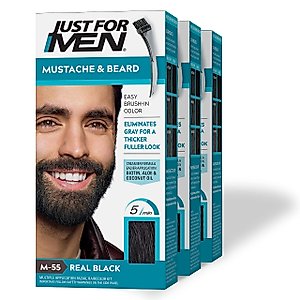 Just For Men Mustache & Beard, Beard Dye for Men with Brush Included for Easy Application, With Biotin Aloe and Coconut Oil for Healthy Facial Hair - Real Black, M-55, Pack of 3