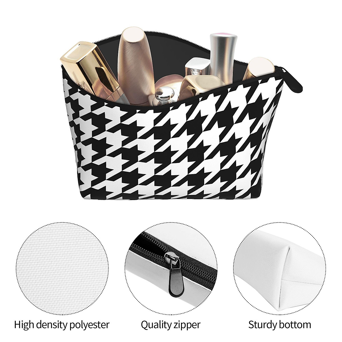 Lightweight Travel Portable Cosmetic Bag Compatible with Black And White Houndstooth, Casual Toiletry Makeup Carrying Pouch Multifunction Coin Cash Storage Cases for Women