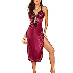 LYANER Women's Sexy Lingerie Nightgown Lace Chemise High Slit Dress Babydoll Sleepwear Wine Red Medium