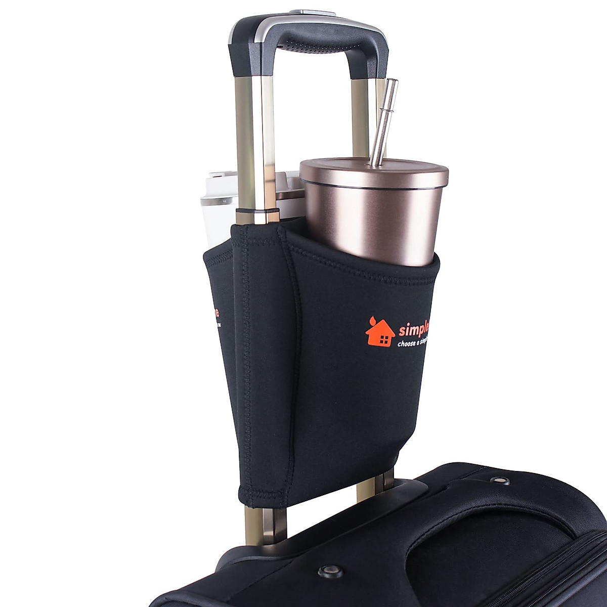 simpletome Luggage Cup Holder Hands-Free Travel Drink Caddy Bag Attachment Simple Style Elastic Materials Easy to Install and Remove(Black)