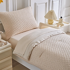 Cream Toddler Bedding Set 4 Pieces Tufted Boho Cubes Style - Includes Adorable Quilted Bohemian Comforter, Fitted Sheet, Top Sheet, and Pillow Case for Girls Boys Bed