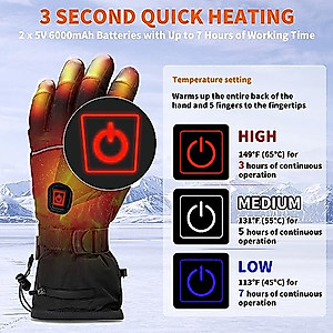 Heated Gloves for Men Women, CARSHAM 6000mAh Rechargeable Battery Heated Motorcycle Gloves, Waterproof & Touchscreen & 3 Temperature Modes, Electric Heating Gloves for Outdoor Sports
