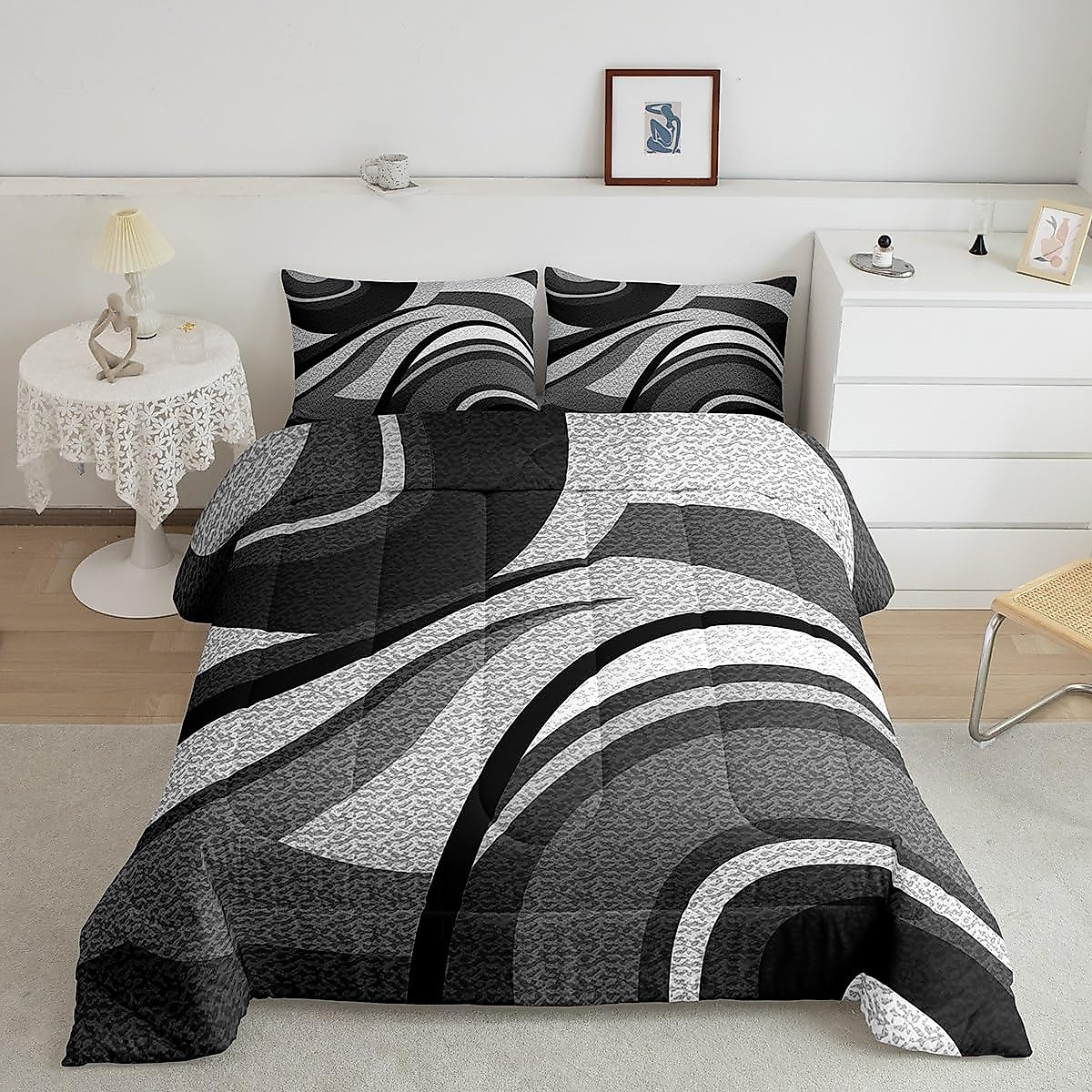 Black Grey Stripes Comforter Set Full Size Kids Geometric Comforter Set for Boys Teens Geometry Abstract Art Bedding Set Modern Striped Art Duvet Set Room Decor Quilt Boys