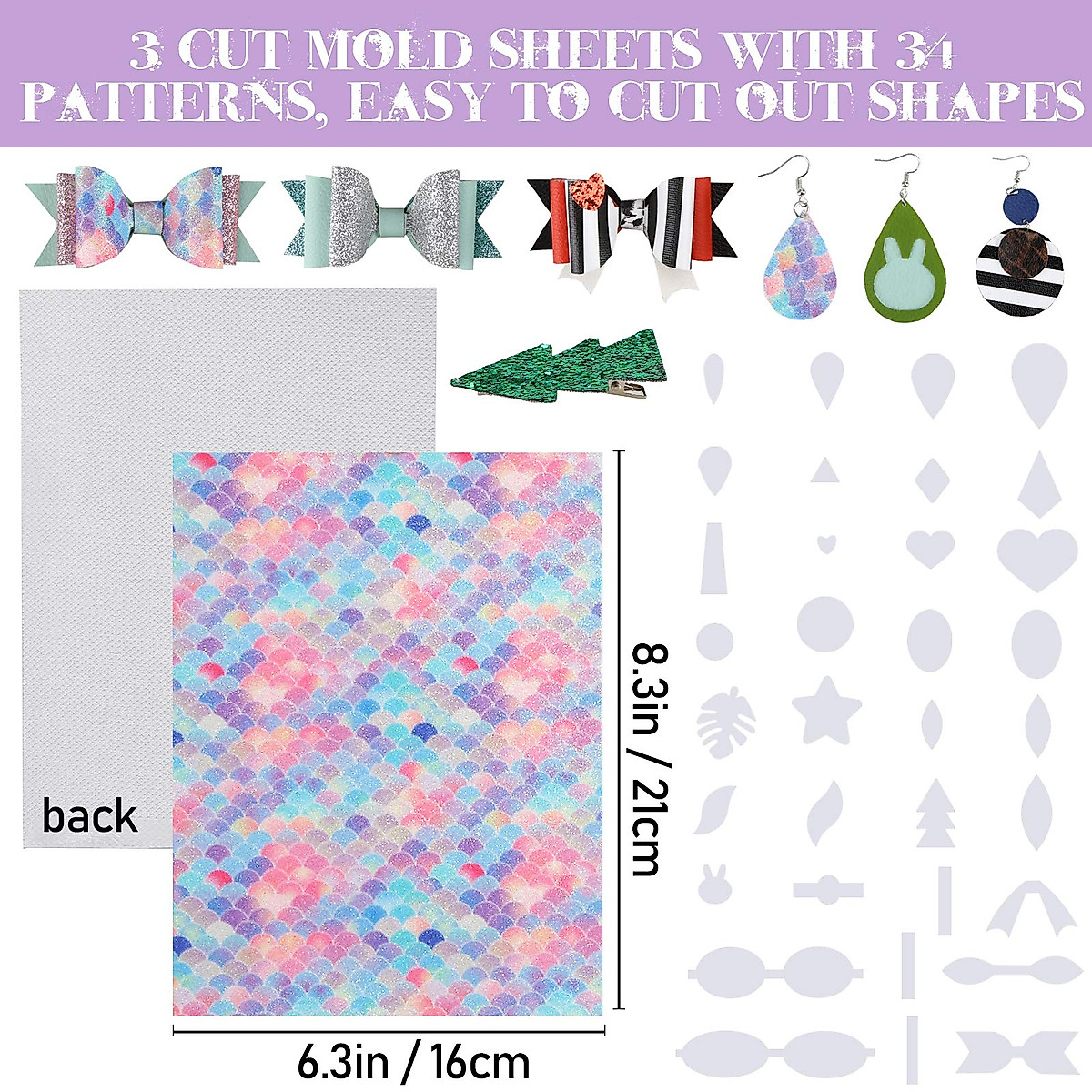 PartyFun 36pcs Leather Earring Making Kit, Including 36pcs 6 Styles of Faux A5 Leather Sheets, 2pcs Templates, Tools for Earrings Craft Making Supplies