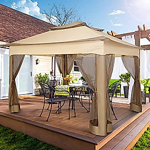 COBIZI Pop Up Gazebo Patio Gazebo Outdoor Gazebo with Mosquito Netting 11x11 Outdoor Canopy Shelter with Double Roof Ventiation 121 Square Feet of Shade for Lawn, Garden, Backyard and Deck, Khaki