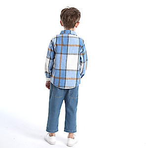 Feidoog Toddler 2 Pack Baby Boys and Girls Plaid Shirts Jacket Long Sleeve Lapel Button Down Shirt Top Outwear Clothes,Blue+Brown,3-4T