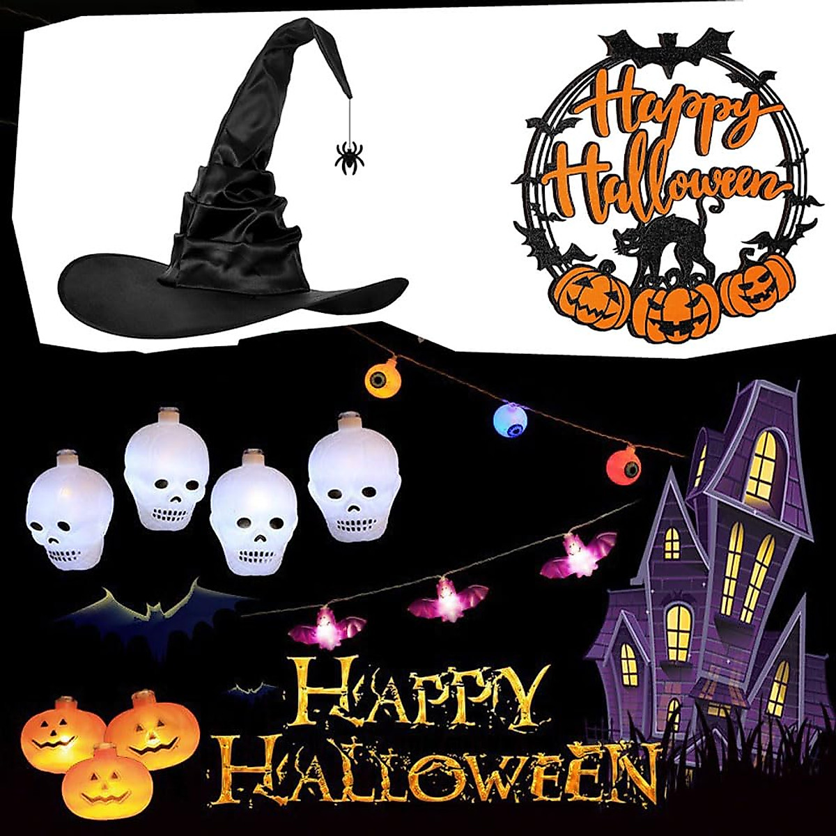 XGOPTS Halloween Women Witch Hat Black Ruched Crooked Wicked Witch Hat Devil Spider Wizard Hat for Costume Cosplay Party