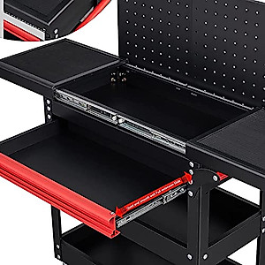 WIILAYOK Tool Cart, 3 Tier Rolling Tool Cart on Wheels with Storage Drawers & Sliding Top, Removable Pegboard, Industrial Service Utility Tool Cart for Mechanics, Garage, Workshop