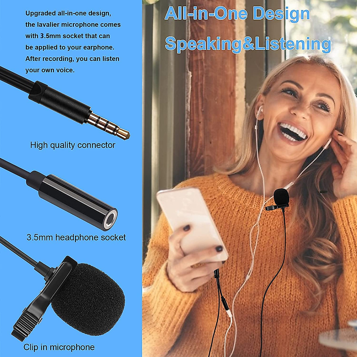 Bokadzi 5 Feet 3.5mm Lavalier Microphone Lapel Omnidirectional Condenser Mic for iPhone Android & Windows Smartphones, YouTube, Interview, Studio, Video Recording（with The 4 Pin to 3 Pin Adapter）