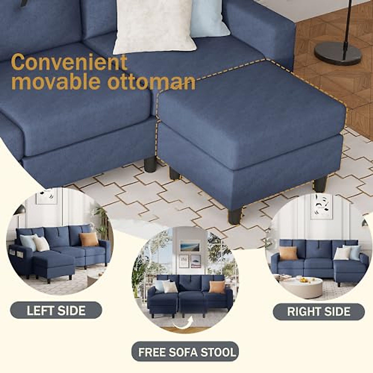 Tornama 80" L Shaped Sectional Sofas 3 Seater Couch with Reversible Ottoman Modern Linen Fabric Small Sectional Couch for Living Room, Apartment, Small Space, Blue