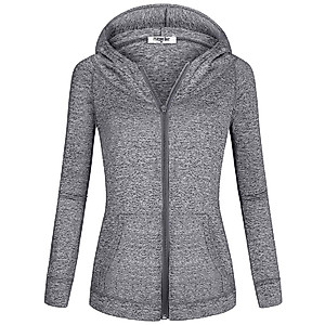 Hibelle Hoodys for Women Zipper, Womans Full Zipped Up Long Sleeve High Neck Moisture Sweat Wicking Trendy Running Jackets with Hoodie Kangaroo Pockets Sweatshirt Space Dye Gray Large