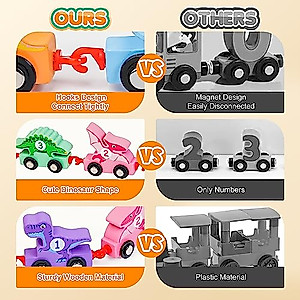 Toddler Dinosaur Toys Age 2-4: IPOURUP Wooden Dinosaurs Train Set Montessori Educational Toys for 2 3 4 5 6 Year Old Boys Girls Kids Birthday Gifts 11 PCS Trains Car with Numbers for Toddlers Toy Gift