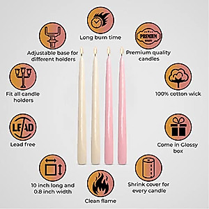 Princess 12 Pack Tall Taper Candles - 10 Inch 6 Ivory, 6 Pink Dripless, Unscented Tapered Candle - Paraffin Wax with Cotton Wicks - 7.5 Hour Burning time