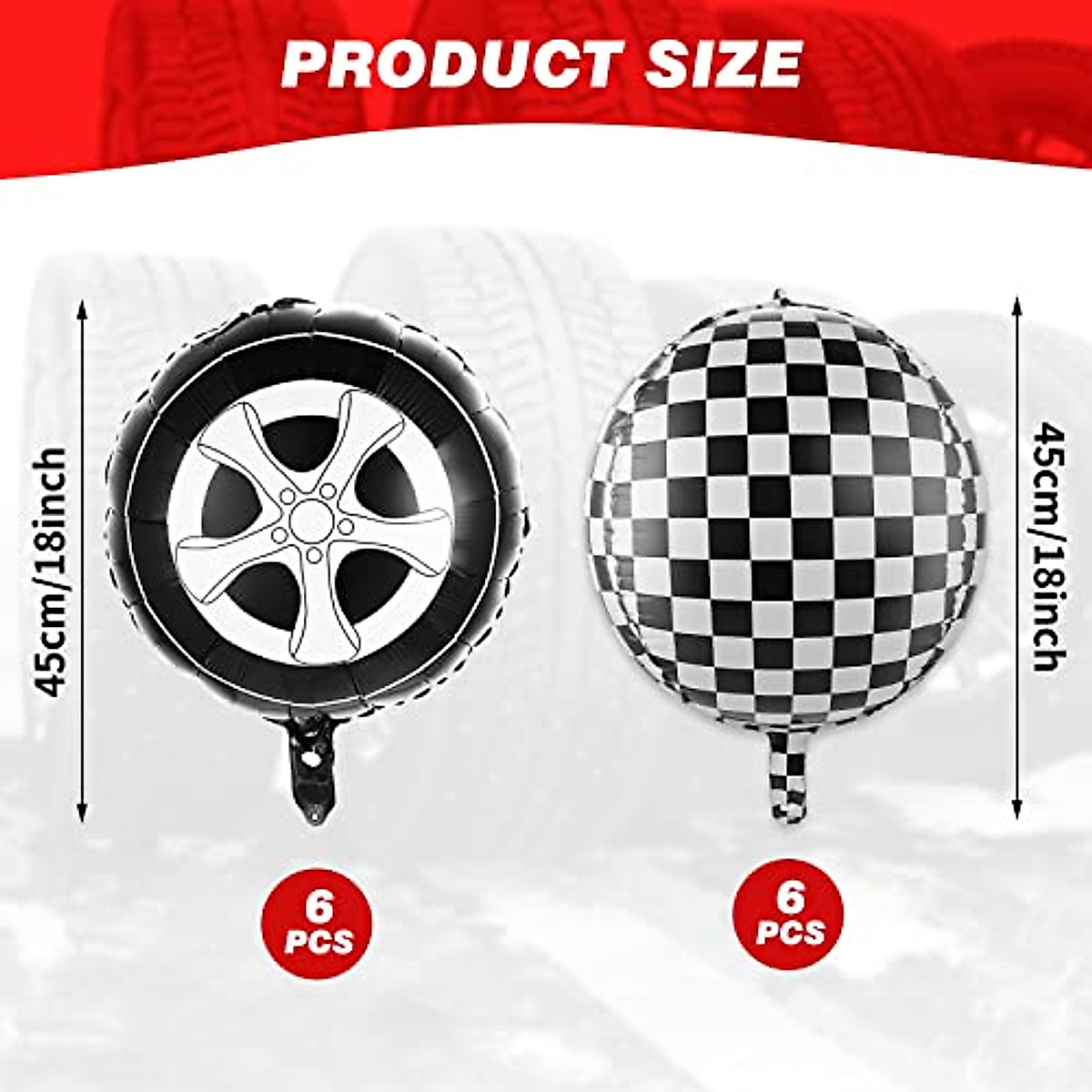 12 Pieces Black and White Checkered Balloons, Race Car Balloons Car Wheel Balloons Tire Balloons Aluminum Foil Checkered Flag Balloons for Racing Theme Birthday Party Decoration Supplies 18 Inch