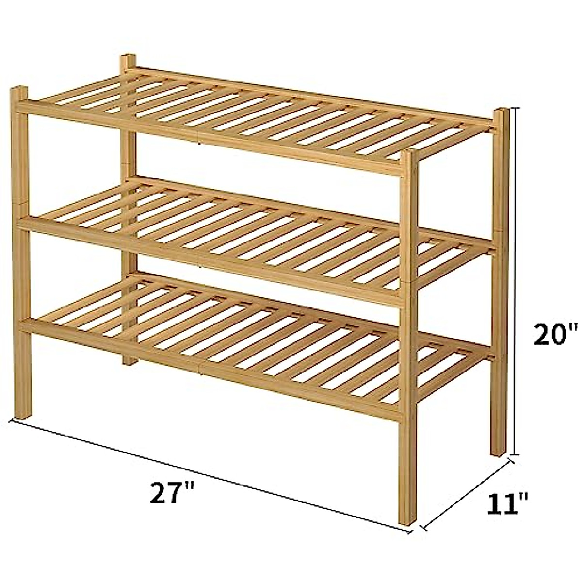 ROMGUAR CRAFT 3 Tier Bamboo Shoe Rack for Closet Free Standing Wood Shoe Shelf for Entryway Small Space Stackable 27"x11"x20" (Natural)