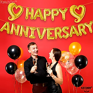 KatchOn, Gold Happy Anniversary Balloons Letters - 18 Inch, Gold Hook Heart Balloons Foil | Gold Happy Anniversary Banner for Happy Anniversary Decorations | Gold Happy Anniversary Balloon Banner