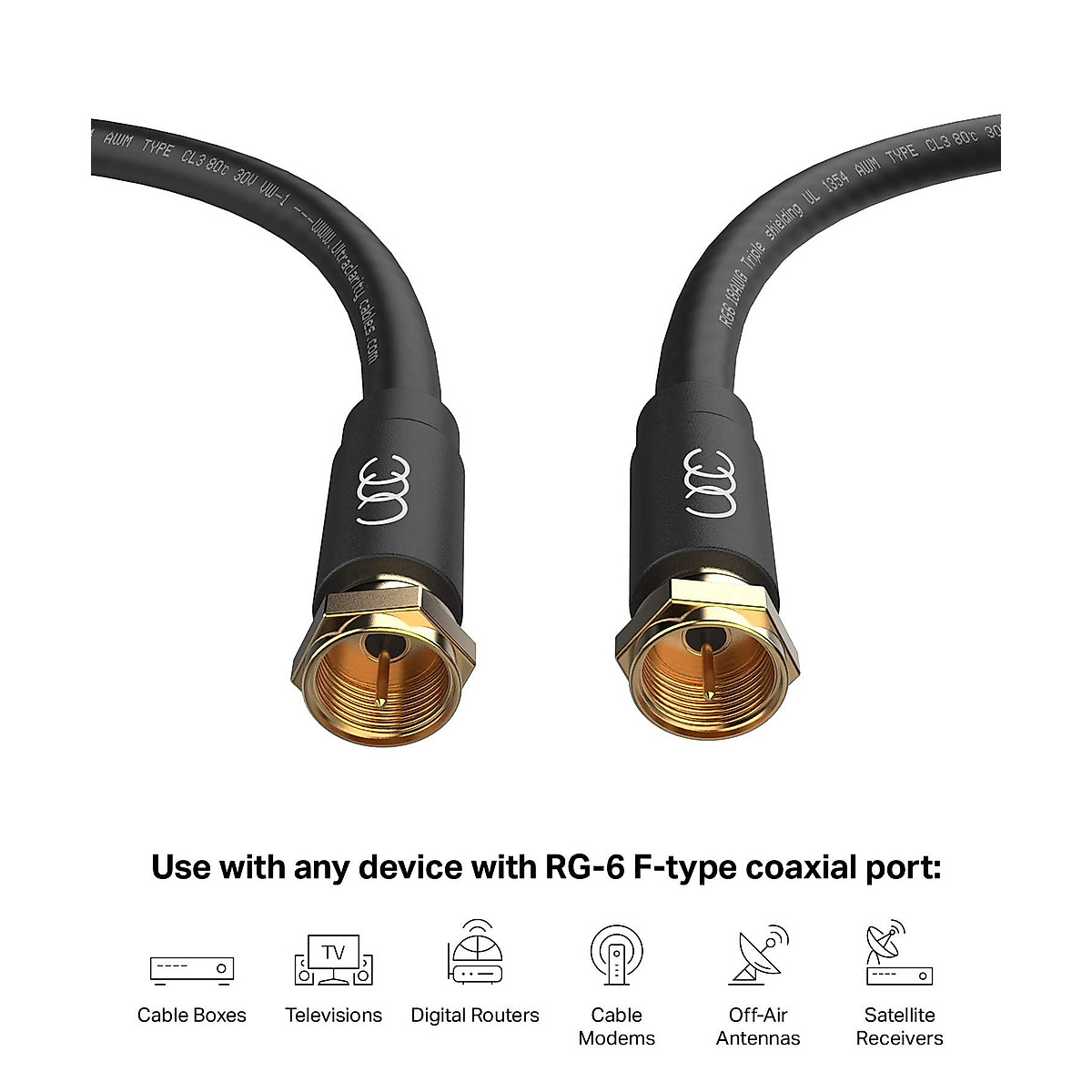 6FT TV Cable Wire Black RG6 Coaxial Cable with F Connector, Cable Extension Adapter, Low Loss High-Speed Coax Cable Cord Extender for HD TV, Router, Satellite, Antenna, TV Cable 6'