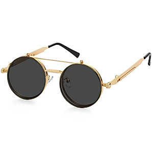 Kursan Vintage Round Flip Up Sunglasses for Women Men Hippie Style Circle Sun Glasses (Gold/Black)