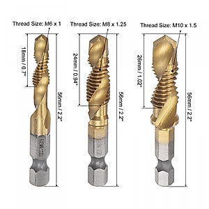 uxcell Combination Drill and Tap Bit Set, M6 M8 M10 Titanium Coated High Speed Steel 4341 Spiral Flute Drilling Tapping Tool 1/4" Hex Shank 3pcs
