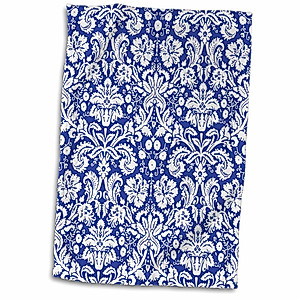 3D Rose Royal Blue and White Damask Pattern-Stylish Elegant Victorian Vintage French Floral Swirls-Navy Towel, 15" x 22", Multicolor