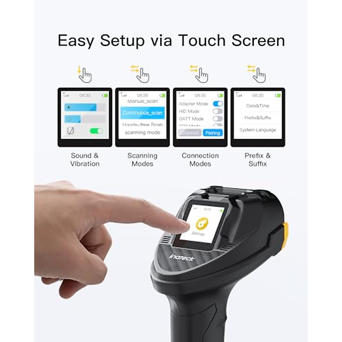 Inateck Bluetooth Barcode Scanner, 2D 1D Wireless Handheld Scanner, QR Code Scanner, Equipped with a Touchscreen and Smart Base, CMOS+CCD Dual modules, Larger scanning Range, Supports app SDK, P8.