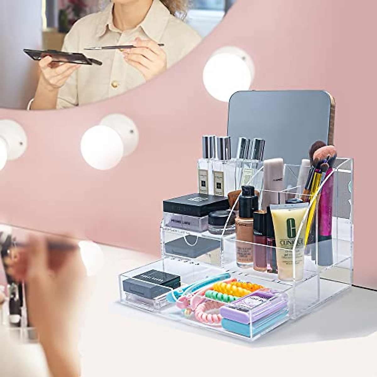 ARCOBIS Acrylic Desk Organizer with 2 Drawers, Clear Office Desktop Accessories Stationery Pen Organizer for Desk, Features 5 Compartments + 2 Sliding Drawer