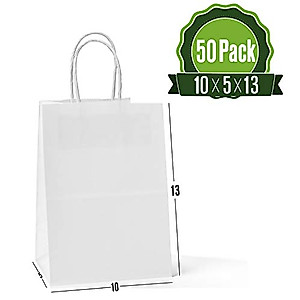 [50 Bags] 10 X 5 X 13 White Kraft Paper Gift Bags Bulk with Handles. Ideal for Shopping, Packaging, Retail, Party, Craft, Gifts, Wedding, Recycled, Business, Goody and Merchandise Bag