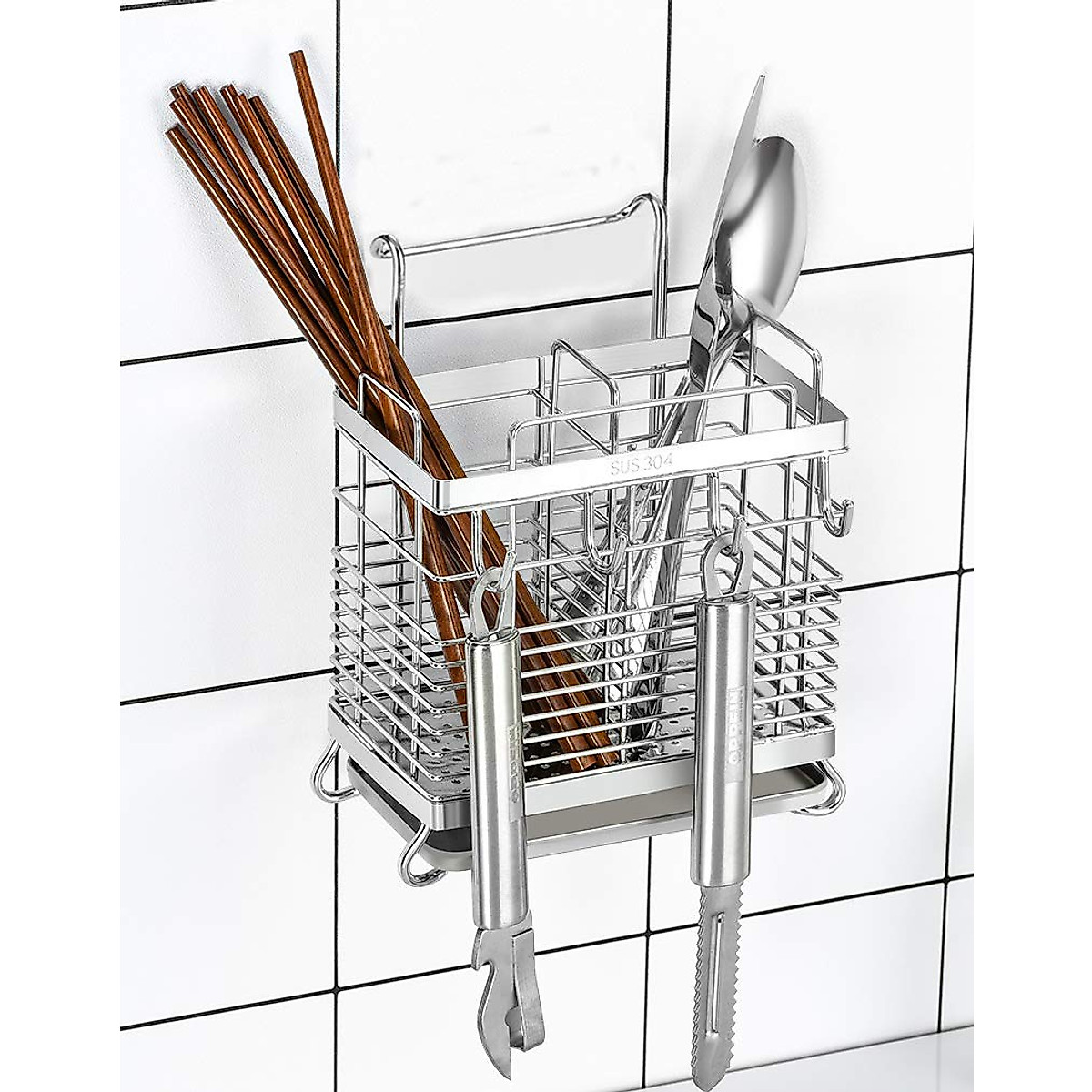 Sturdy 304 Stainless Steel Utensil Drying Rack, Basket Holder with Hooks 2 Compartments Draining Basket, Rust Proof, No Drilling,Kitchen Dish Drainer Dish Drying Rack