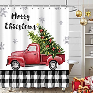 iTapnoom Merry Christmas Shower Curtain, Christmas Tree On The Red Truck and Snowflake Winter Holiday Party Farmhouse,Waterproof Polyester Durable Cloth Fabric Bathroom Decor Set with Hooks,72x72