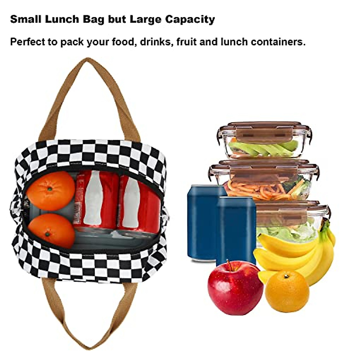 Yusudan Checkered Lunch Bag for Women Girls, Reusable Insulated Picnic Tote Bags for Adults Kids Work School Hiking Beach