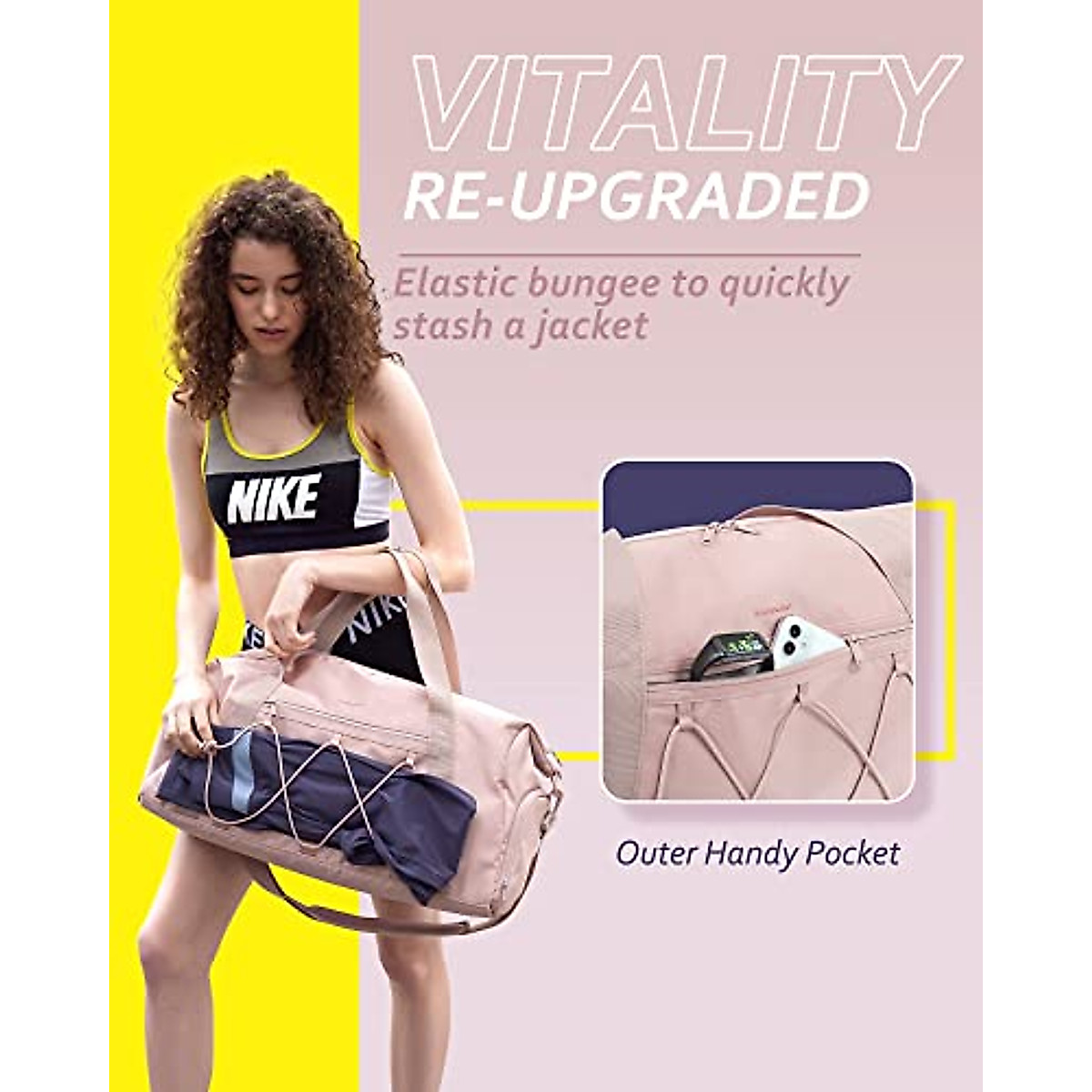 Gym Bag for Women, BAGSMART Sports Travel Duffel Bag With Shoe Compartment & Wet Pocket, Carry On Weekender Duffel Bag, Water Resistant Sports Gym Tote Bags Swimming Yoga - Pink