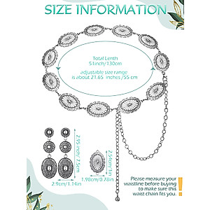 Glenmal Western Concho Chain Belt Turquoise Earrings Set Western Cowboy Waist Belts Bohemian Turquoise Earrings for Women Men(Elegant Style)