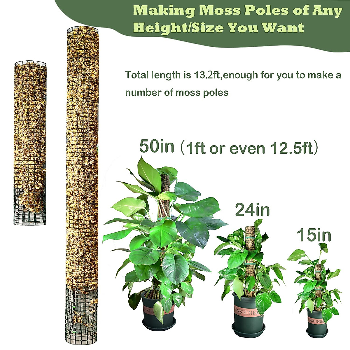chicarry Moss Pole DIY Kit, Metal Moss Pole for Plants Monstera, 4Pcs 8.3in×3.3ft Steel Moss Pole Mesh with Plier, Cable Ties, Max 7Pcs 23" Sphagnum Moss Pole (13.2FT Wire Mesh with Plier)