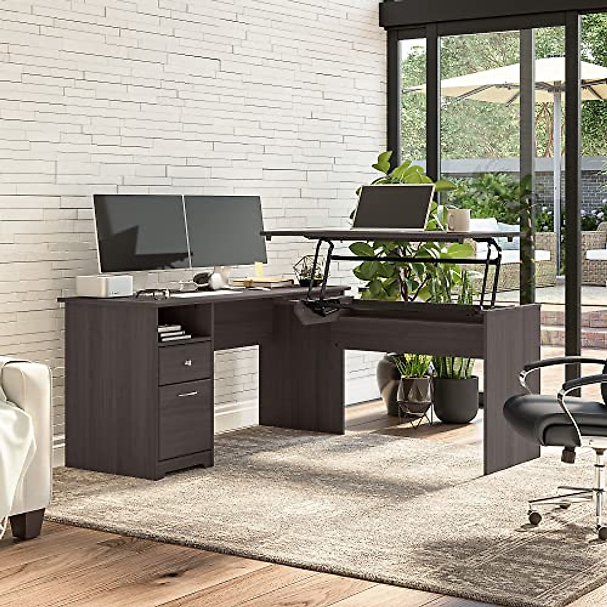 Bush Furniture L Shaped Desk with Drawers and Lift-n-Lock | Cabot Collection Sit to Stand Corner Table with Storage, 60W, Heather Gray