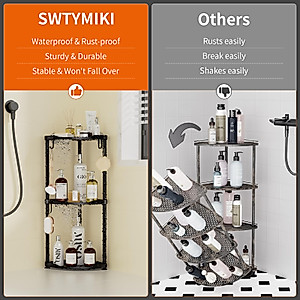 SWTYMIKI Corner Shower Caddy Standing - 3 Tier Stainless Steel Corner Shower Organizer Stand, Large Capacity Floor Shower Shelf with 4 Hooks, Rustproof Shower Storage for Bathroom and Bathtub, Black