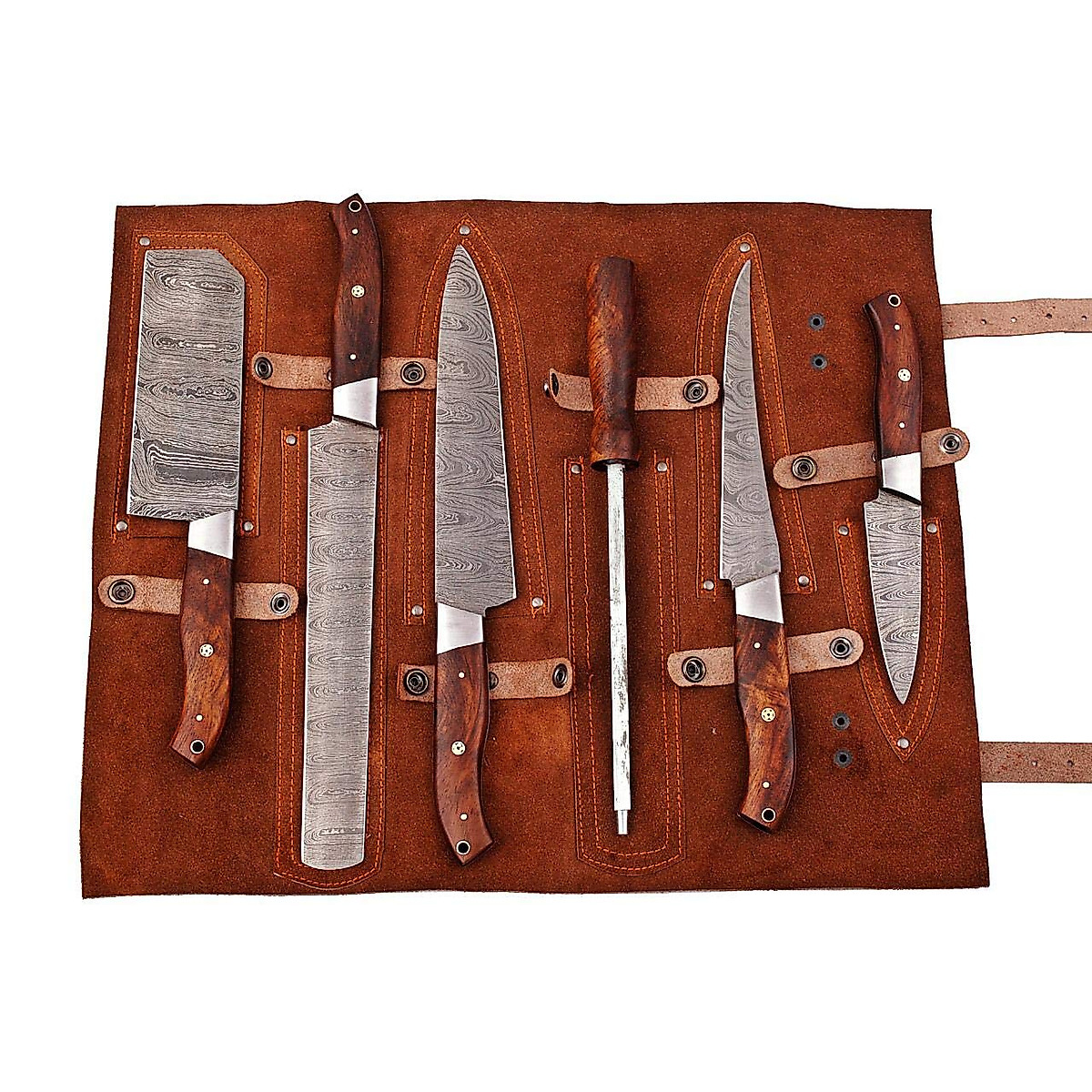 HM-(Brown) Custom Made Damascus Steel #6 Pcs of Professional Utility Kitchen knives Set Comes with Sweet Leather Roll Kit (3712)