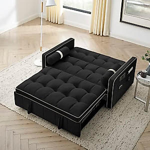 akucvor 55.5" Sleeper Sofa Bed, Convertible 3 in 1 Loveseats Sofa Bed with Side Pockets, Multi-Function Velvet Pull Out Sofa Bed with Adjustable Backrest for Living Room Bedroom, Black