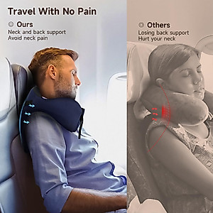 TripGood Neck Pillow for Travel - Extra Upper Back Support - Back Buckle Strap - Large(16.7" Neck Circumference) - Memory Foam - Blue