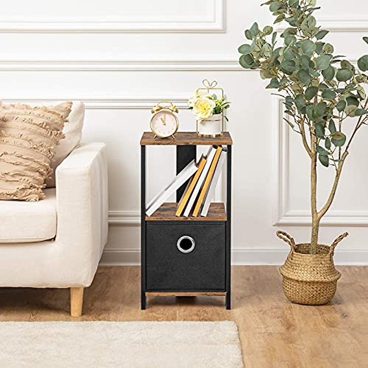 HOOBRO Bedside Table with Pull-Out Collapsible Storage Box, Retro Small Nightstand for Small Space, Living Room, Bedroom, Stable and Sturdy, Rustic Brown and Black BF35BZ01
