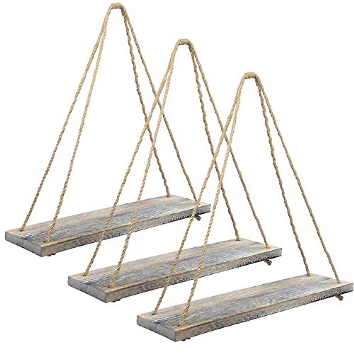EXCELLO GLOBAL PRODUCTS Rustic Distressed Wood Hanging Shelves: 17-Inch with Swing Rope Floating Shelves (Whitewashed - Pack of 3)